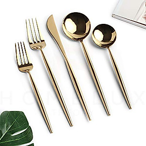 Homelux Theory 18/10 Gold Silverware Set Stainless Steel, 5pc Mirror Polished Modern Silverware Set Dishwasher Safe, Kitchen Flatware Set, Adaline Royal Knife Spoons & Forks Set, Gold Cutlery Set of 4