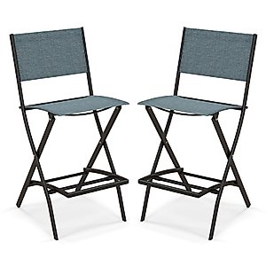 Tangkula Outdoor Barstools Set of 2, Counter Height Folding Bar Chairs with Back and Footrest, Versatile Patio Dining Chairs with Breathable Fabric & Heavy-Duty Metal Frame (2, Bluish-Grey)