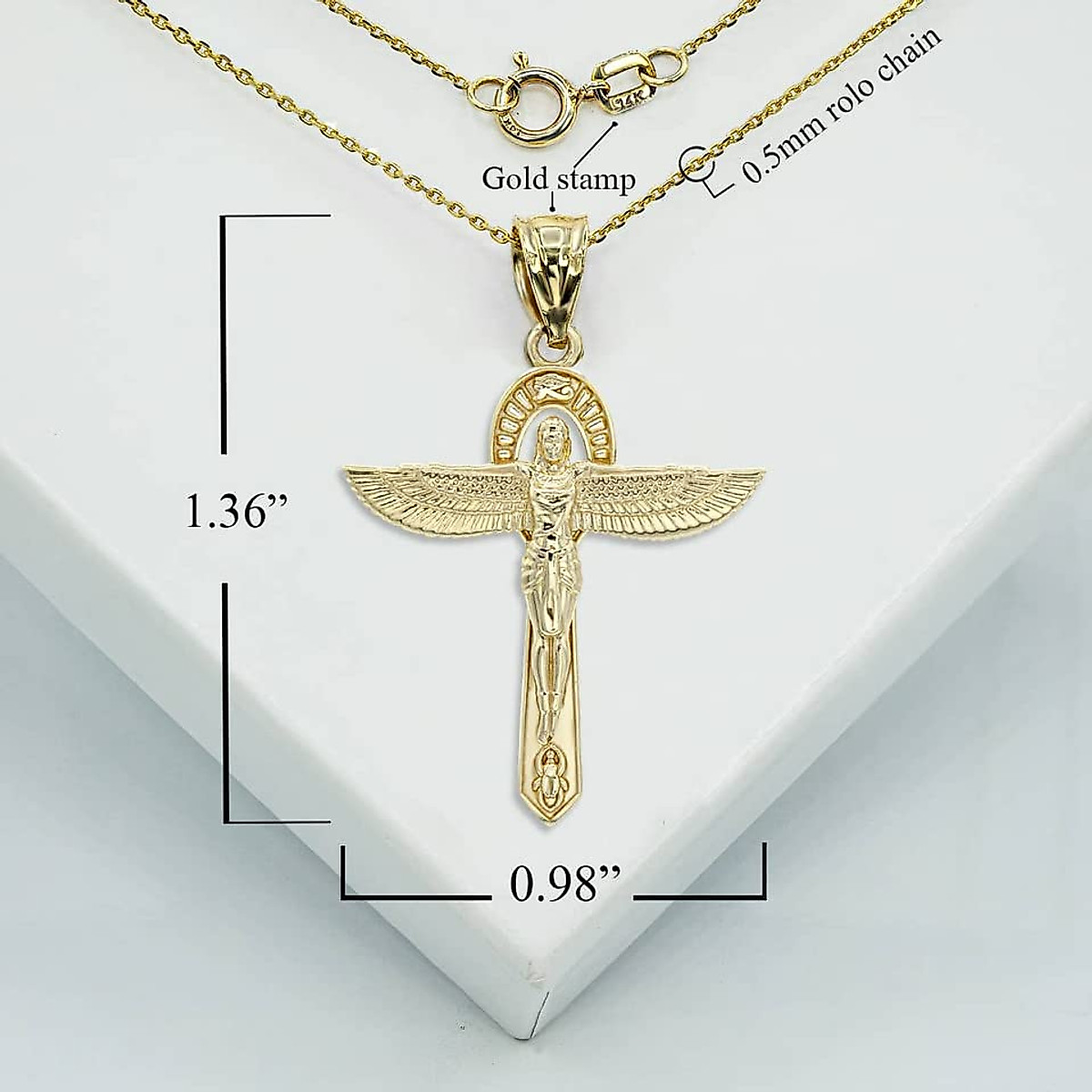 Ancient Egypt Jewelry Horus 14K Yellow Gold Ankh Winged Cross Egyptian Goddess Isis Pendant