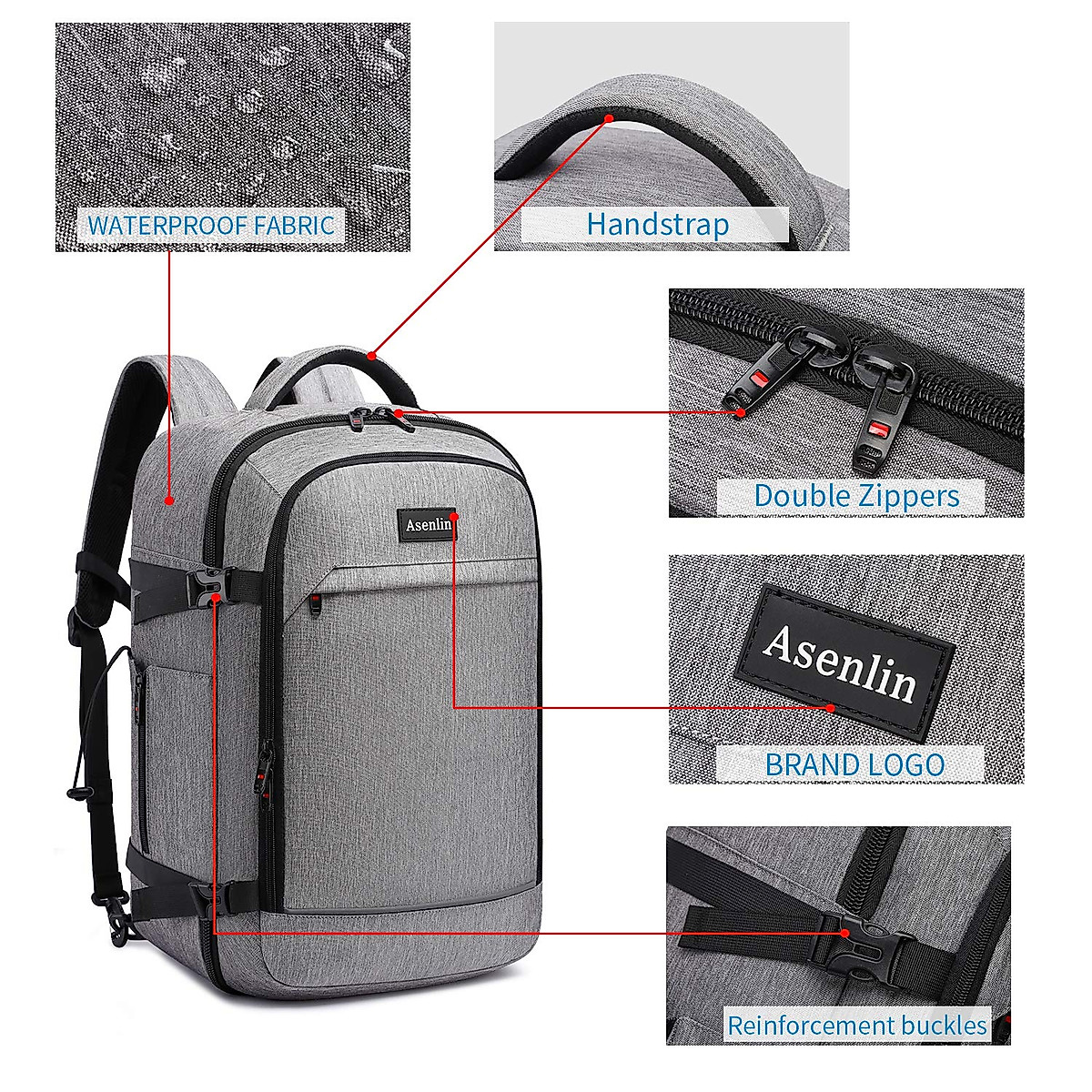 Asenlin 40L Travel Backpack for Women Men，17 Inch Laptop Backpack Flight Approved Luggage Carry On Water Resistant Computer Backpack for Weekender Overnight Large Daypack Grey