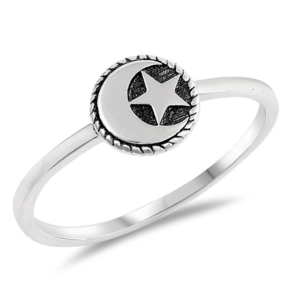 Oxidized Moon Star Simple Dainty Ring 925 Sterling Silver Muslim Band Size 10