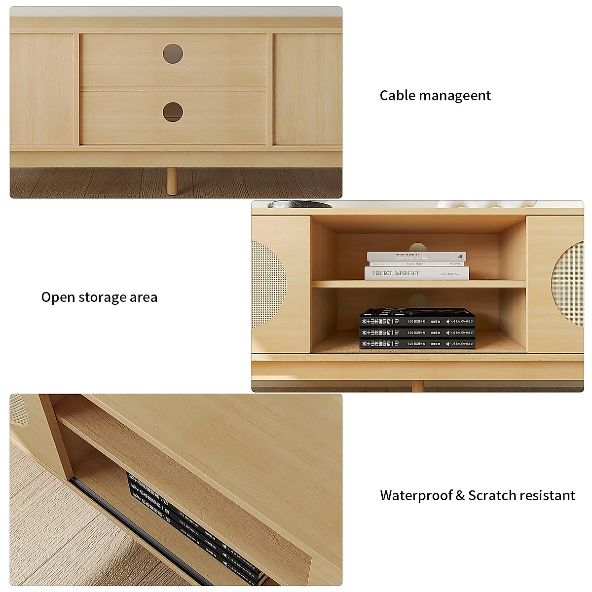 VOWNER Farmhouse Rattan TV Stand for 55/60/65 inch TV, Modern Entertainment Center with Natural Rattan Door and 2 Open Shelves, TV Console Table for Living Room, Wood Color