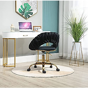 Velvet Home Office Desk Chair, Modern Adjustable Swivel Task Chair, Upholstered Cute Vanity Chair with Woven Back, Tufted Computer Chair with Gold Metal Base for Office, Bedroom, Study, Black