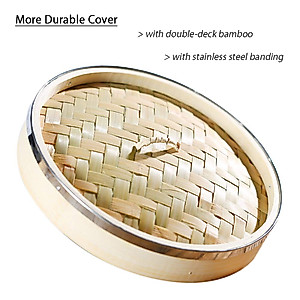 Hcooker 3 Tier Kitchen Bamboo Steamer with Double Stainless Steel Banding for Asian Cooking Buns Dumplings Vegetables Fish Rice