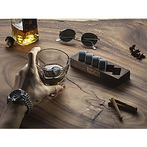 ROCKSLY Whiskey Stones Gift Set for Men | Whiskey Rocks Chilling Stones Set of 6 | Reusable Ice Cubes Chilling Rocks in a Wood Tray for Whiskey Lovers,Christmas, Men, Dad, Boyfriend