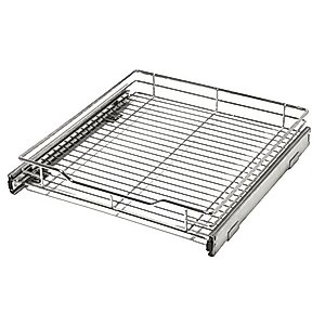 Smart Design Pull Out Cabinet Shelf - Medium - Smooth Roll Extendable Sliding Drawer - Holds 100 lbs - Steel Metal Wire - Sink Tray, Kitchen Organizer Basket, Pantry Spice Rack - 14.5 Inch x 18-35 - Chrome