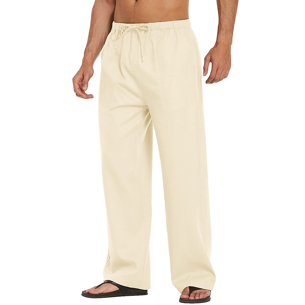 COOFANDY Men Linen Yoga Beach Cool Long Pants Stretchy Drawstring Waist Trousers