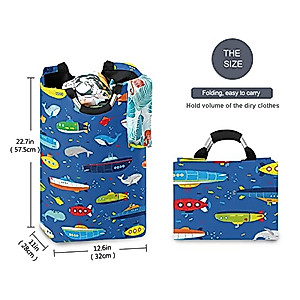 senya Submarines and Whales Large Laundry Basket Shopping Tote Bag, Collapsible Fabric Laundry Hamper, Foldable Clothes Bag, Folding Washing Bin(227na7b)