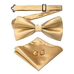 JEMYGINS Mens Gold Pre-tied Bow Tie and Pocket Square Cufflink Set (9)