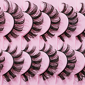 Kanviensl False Eyelashes 10 Pairs Russian Strip Lashes Russian Lashes 3D Effect D Curl 10MM Reusable Lightweight Fake Eyelashes Ideal for Girls Daily Use
