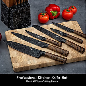 Knife Set,12-Piece Kitchen Knife Set, High Carbon Stainless Steel Knife Sets with Wooden Block, include 6 Steak Knives, Black