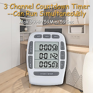 Jayron JR-KT001 Digital Timer Large LCD 3 Channel Countdown Timer,Kitchen Timer,Count Down Count Up Timer Cooking Timer Reset Clock Alarm Loud Strong Magnet Bracket for Kids Elderly (White)