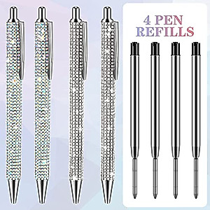 4 Pcs Rhinestone Metal Ballpoint Pens Bling Bling Pens Black Ink Pens Diamond Pen Big Crystal Ballpoint Pens 4 Pcs 1.0mm Pen Refills for Kids Students Teachers Gift (Silver, AB Silver)