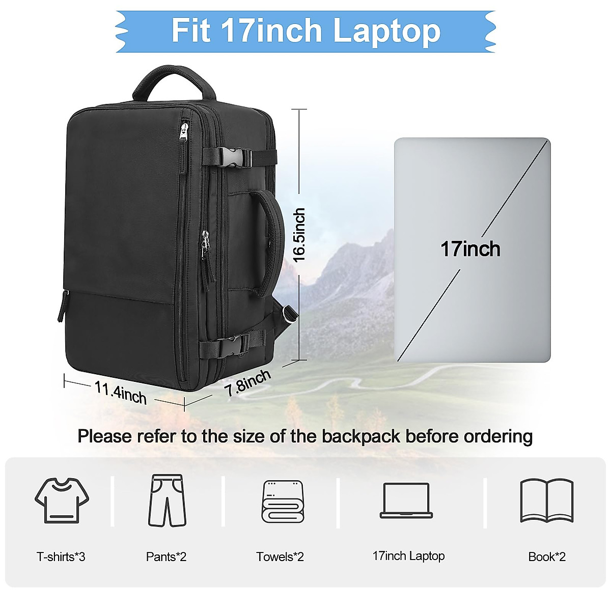 Hanples Travel Backpack for Women as Person Item Flight Approved, Large Carry On Backpack, 17.3 Inch Laptop Backpack, Waterproof Backpack, Hiking Backpack, Casual Bag (Black)