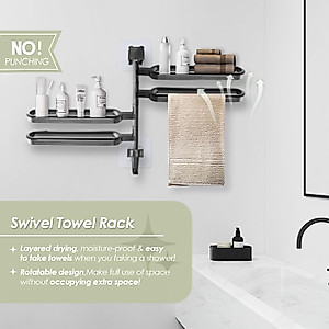 Pysrych No Drill Swivel Towel Rack Wall Mounted 4-Arm Towel Bar ABS Self-Adhesive Towel Holder with Hook for Bathroom Shower Kitchen Black