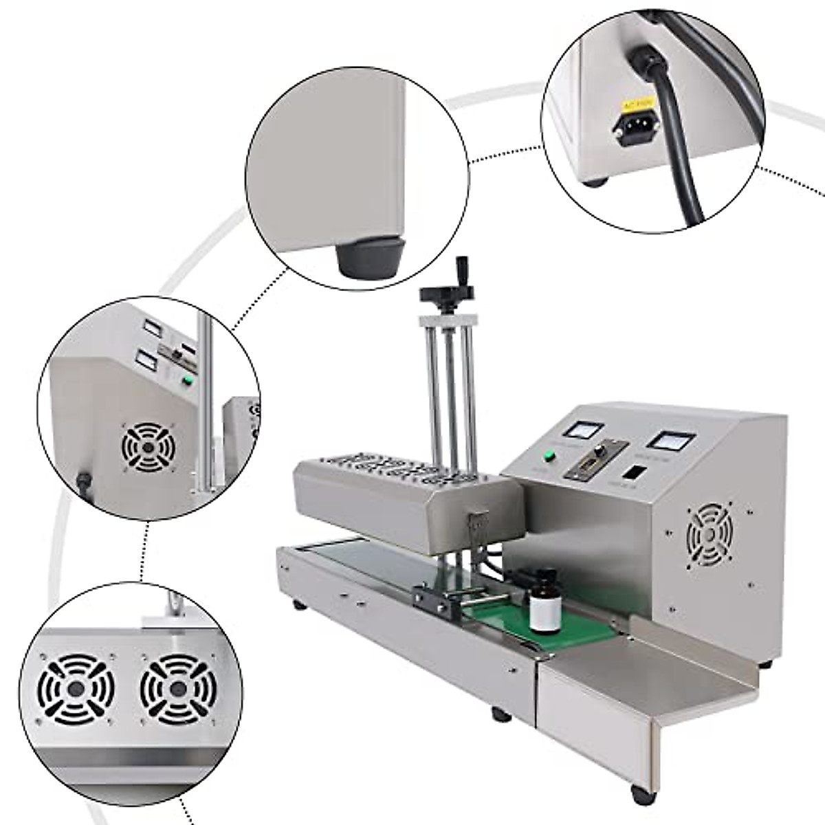 DNYSYSJ Continuous Automatic Horizontal Sealing Machine with Pure Copper Motor Sealing Stainless Steel Cup Sealing Machine with Adjustable Lifting Hand-wheel & Guide Rail LX6000A 15-80mm Silver Bottle Cap Sealer Machine Suitable for Sealing