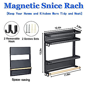 Magnetic Spice Rack, Magnetic Shelf with Paper Towel Holder 2 Tier Kitchen Refrigerator Storage Rack Fridge Magnet Organizer(Black, Medium)