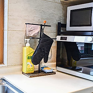 2-Tier Towel Rack Rustic Double T-Shape Ring Hand Towel Holder Wood Base & Black Metal Rack Farmhouse Towel Holder DIY Headband Holder Towel Holder Stand with Hook Bathroom Kitchen Counter Organizer