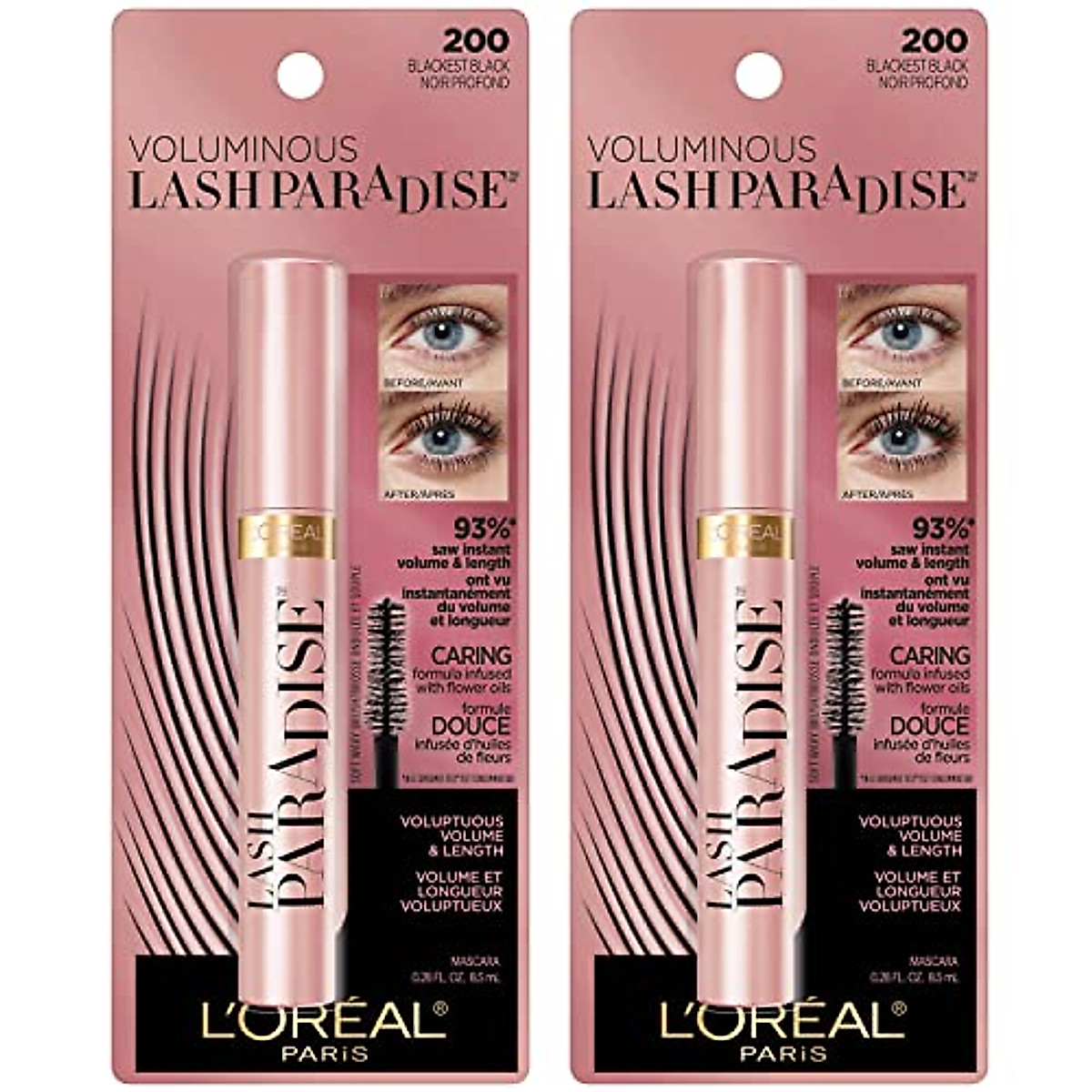 L'Oreal Paris Voluminous Makeup Lash Paradise Mascara, Voluptuous Volume, Intense Length, Feathery Soft Full Lashes, No Flaking, No Smudging, No Clumping, Blackest Black, 0.25 Fl Oz (Pack of 2)