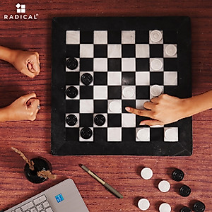 Radicaln Marble Checkers Board Game 15 Inches Black and White Handmade 2 Player Tournament Checker Set - Portable Table Draughts Board Games Sets