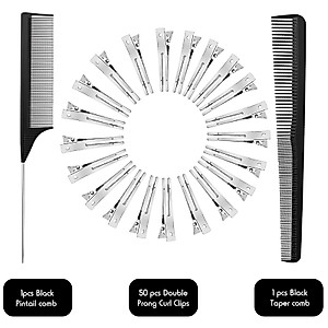 Patelai 52 Pcs Professional Comb Set Carbon Fiber Hair Combs for Women Men Include Rat Tail Taper 50 Double Prong Curl Clips for All Hair Types Natural Curly(Black)