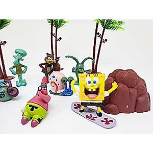 Birthday Celebrations Spongebob Squarepants 2" Figure Play Set of 14 Featuring Squidward, Sandy Cheeks, Patrick Star, Mr. Krabs, Plankten with Palm Trees, Treasure Chest and More (Unique Design)