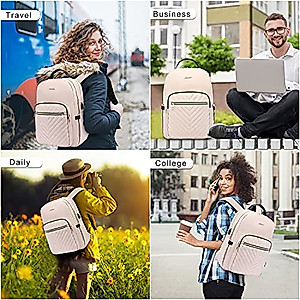 LOVEVOOK Laptop Backpack Purse for Women, Work Business Travel Computer Bags, College Nurse Backpack for Womens, Quilted Casual Daypack with USB Port, Fit 15.6 Inch Laptop, Antiquewhite
