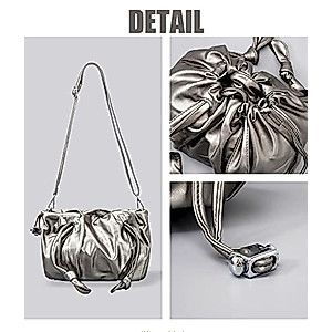 Soft Leather Tote Shoulder Bag For Women,Metal Gray Drawstring Tote Bag,Casual Simple Messenger Bag