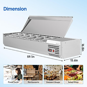 ROVSUN 59" Refrigerated Condiment Prep Station Sandwich Prep Table ETL NSF, 34.2QT Salad Bar Prep Rail w/Auto Defrost Temp Control Stainless Steel Cover 6 * 1/3 Pan for Restaurant Food Truck