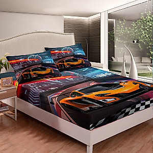 Feelyou Race Car Bedding Sheets Boys Extreme Sports Sheet Set for Kids Boys Cool Car Bedding Fitted Sheet Car Sports Bed Sheets 1 Sheet Set with 2 Pillowcases Full Size