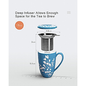 immaculife Tea Cup with Infuser and Lid - Tea Mug with Lid for Steeping Loose Leaf Tea Bag Coffee Milk Women Office Home Gift 16oz Navy Flower