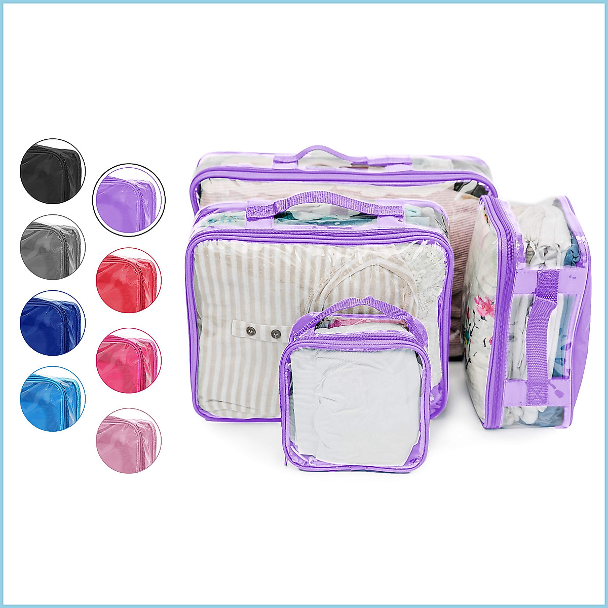 Clear Travel Packing Cubes Set of 4 for Carry On (XS, Small, Medium, Large) / See-Through Clothes Organizer Dividers for Suitcase/Transparent Vinyl PVC Cell Pouches for Luggage (Lilac)