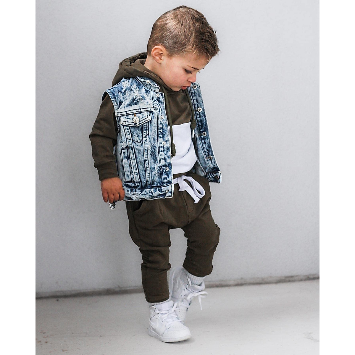 Karesoull Toddler Boy Clothes Patchwork Sweatshirts Long Sleeve Tops Solid Pants Outfit Fall Winter Baby Boy Hooded Clothe Set