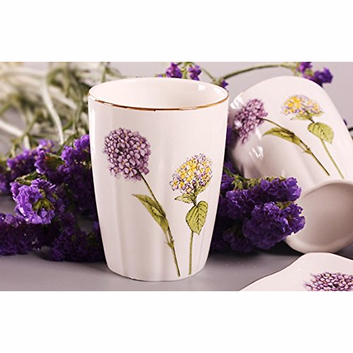 JruF Dandelion Love Ceramic 5 Piece Set Of Bathroom Accessories, Including Decorative Countertop Soap Box, Toothbrush Holder, Tumbler, Lotion Dispenser, Gift Box (Purple)