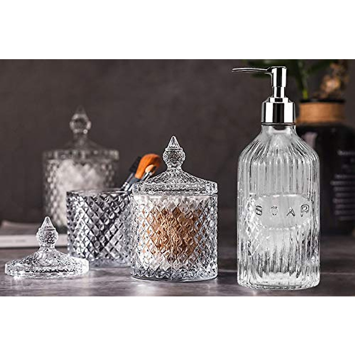 Magcolor Glass Jar Bathroom Accessories Set - Hand Soap Dispenser and Qtip Holder Set 3 pc