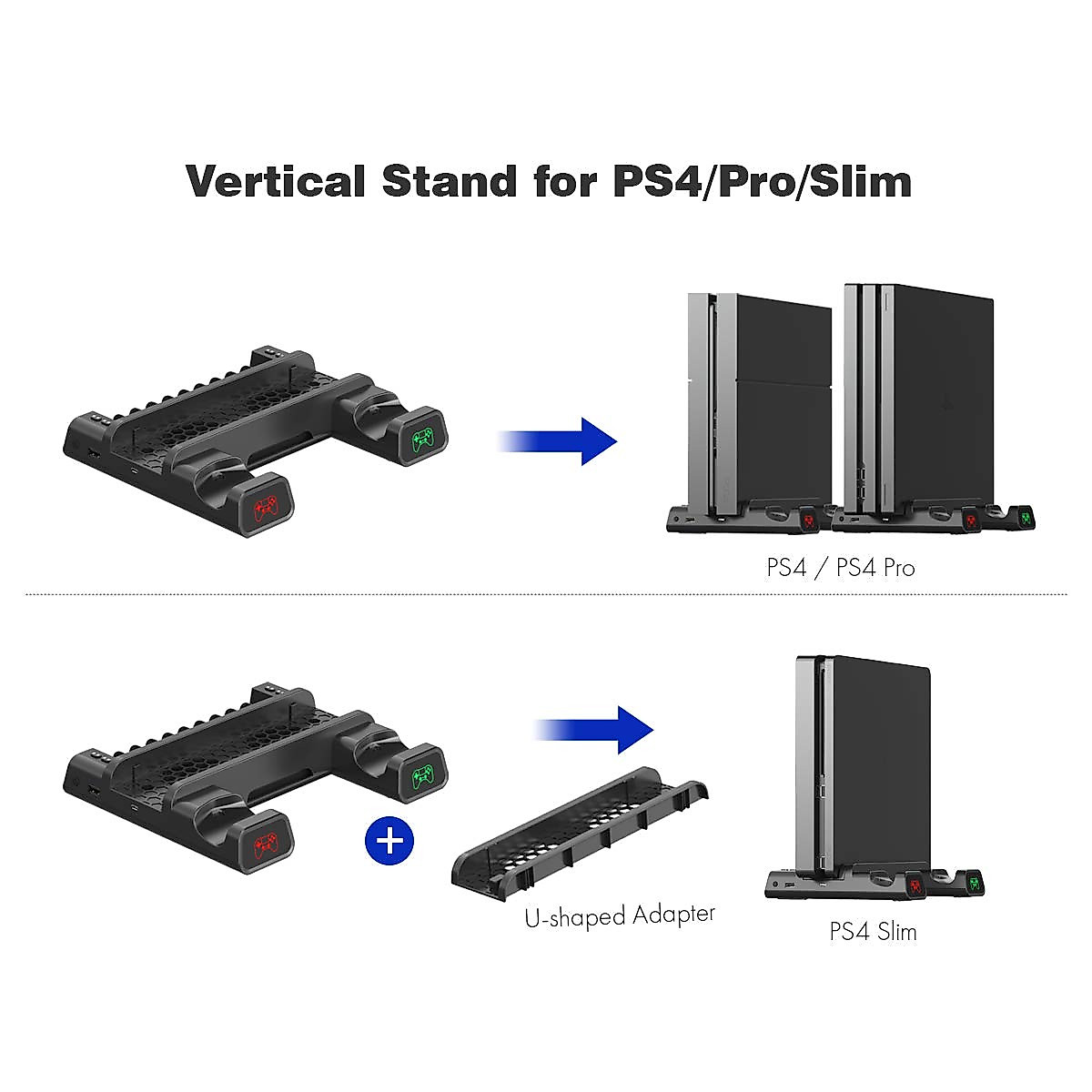 ElecGear PlayStation 4 Vertical Stand and Cooling Fan, Dual Charging Station for DualShock 4 Controller Charger Dock with 4X Mini Dongle, 10x Games Storage Bracket for PS4, PS4 Pro and PS4 Slim