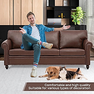 Brown Leather Couch, Comfy Classic 3 Seater Living Room Sofa，Mid-Century Modern Sofa with Detachable Cushions 84" for Living Rooms, Bedrooms, Offices,Apartments Tool-Free Assembly(Brown PU + Sofa)