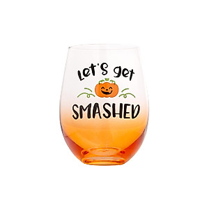 Pearhead Let's Get Smashed Stemless Wine Glass, Gradient Orange, Fall Holiday Home Decor Gifts, Halloween Stemless Wine Glass, 15 oz