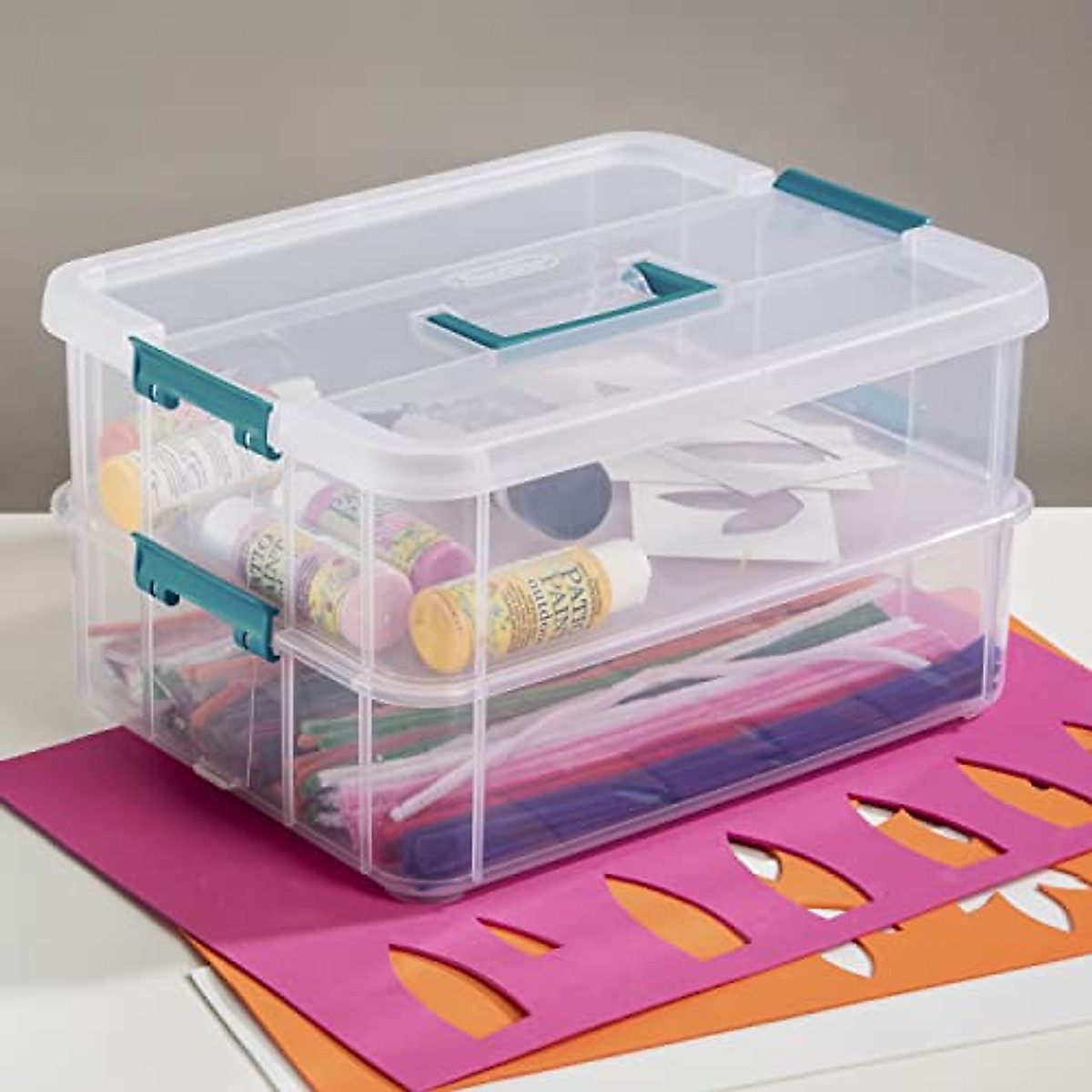 Sterilite 1427CLR Stack & Carry - 2 Layer Box, Clear Lid & Blue Handle, See-through layers