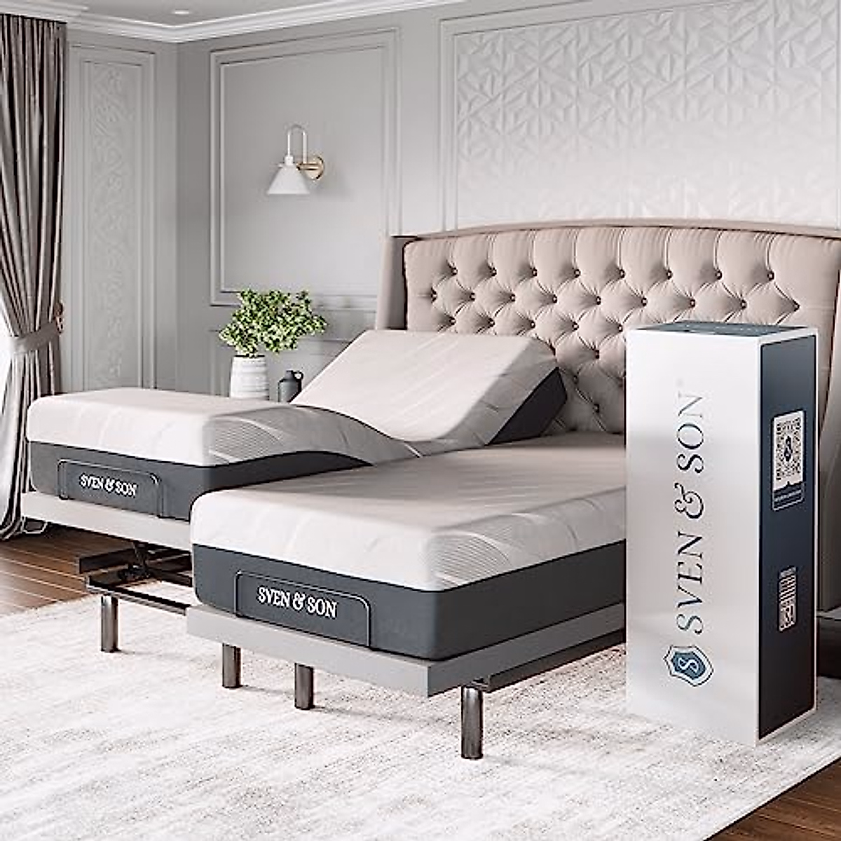 Sven & Son Platinum Series Adjustable Bed Base + 14" Premium Memory Foam Mattress, Platform Frame Compatible, Lumbar Support, USB Ports, Zero Gravity, Dual Massage, Wireless Remote - Split King