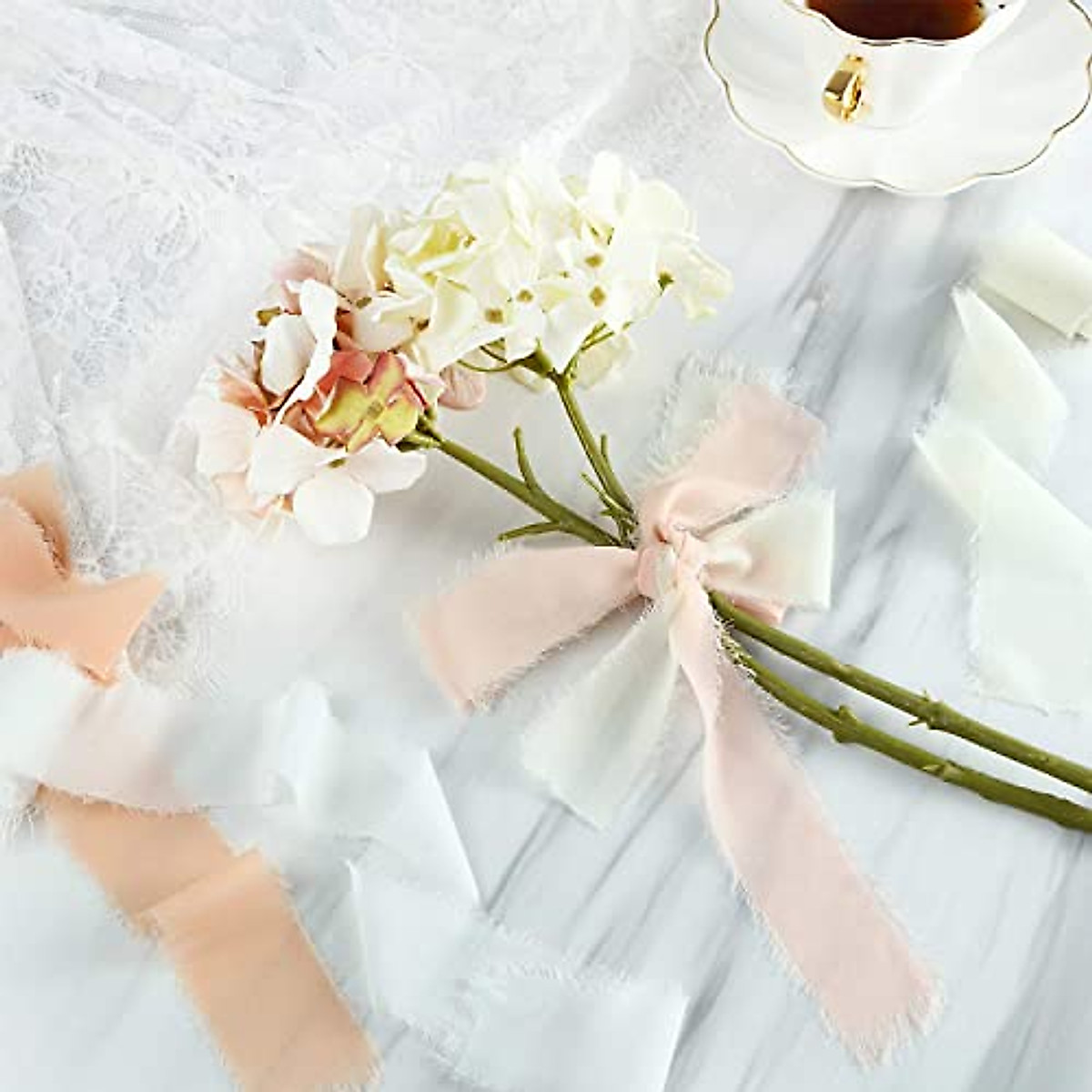 6 Rolls Handmade Fringe Chiffon Silk Ribbon 1.5" x 3 Yd Colorful Ribbon for Wedding Invitations, Bridal Bouquets, Gifts Wrapping, DIY Crafts(Nude Pink Set)