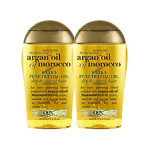 OGX Set of 2 Extra Strength Renewing + Argan Oil of Morocco Penetrating Hair Oil Treatment, Deep Moisturizing Serum for Dry, Damaged & Coarse Hair, Paraben-Free, Sulfated-Surfactants Free, 3.3 Fl Oz