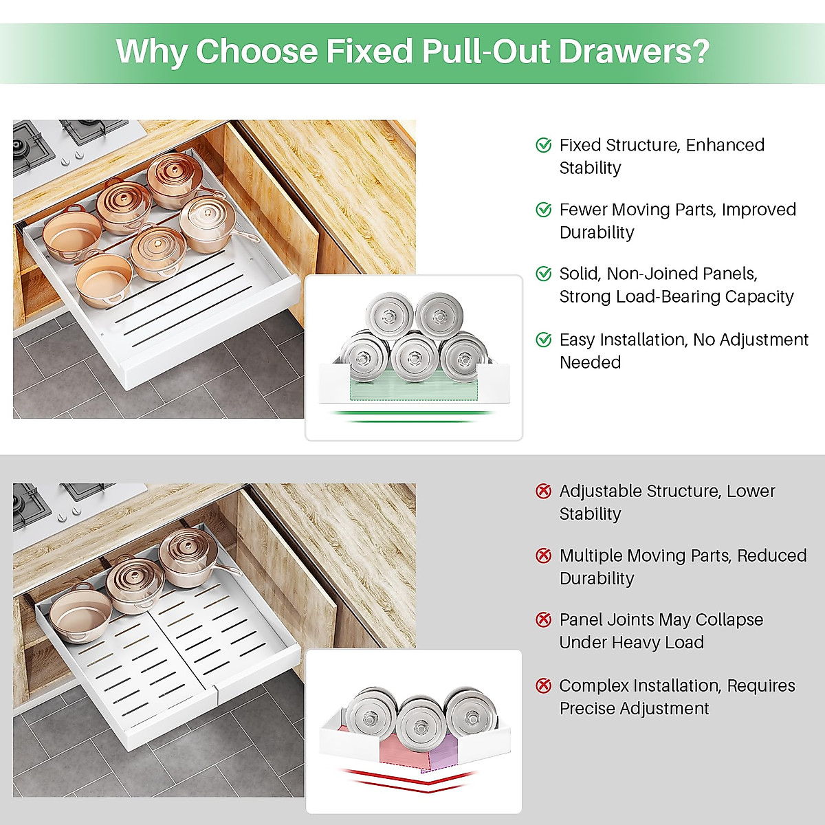 Pull out Cabinet Organizer, 21"Deep, Slide out Drawers for Kitchen Cabinets, Under Sink Pull-Out Home Organizers with Adhesive Nano Film, Sliding Cabinet for Bathroom, Pantry Storage Shelves(White)