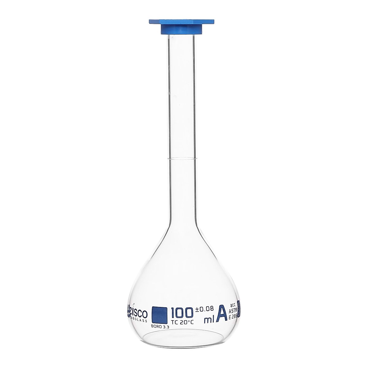 EISCO Volumetric Flask, 100ml - Class A, ASTM - Snap Cap - Blue Graduation Mark, Tolerance ±0.080ml - Borosilicate Glass