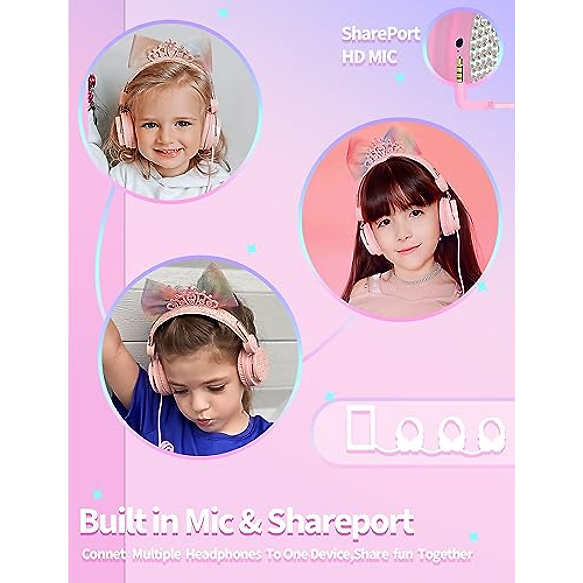 charlxee 𝟐𝟎𝟐𝟑 𝐍𝐞𝐰 Priness Wired Kids Headphones for School/Travel,Clear Mic,Shareport,95dB Volume Control,Nylon Cable,Stereo Sound,Adjustable Over Ear Headsets for Girls -Pink