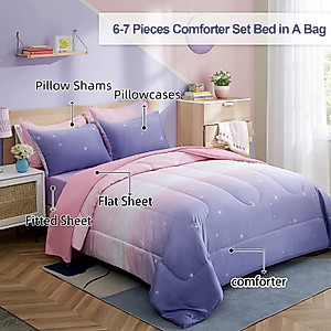 Girls Comforter Set Queen Size 7 Pieces Bed in A Bag Ombre Pink Purple Rainbow Bedding Set Collections for Teen Women (1 Comforter, 1 Flat Sheet, 1 Fitted Sheet, 2 Pillow Shams, 2 Pillowcases)