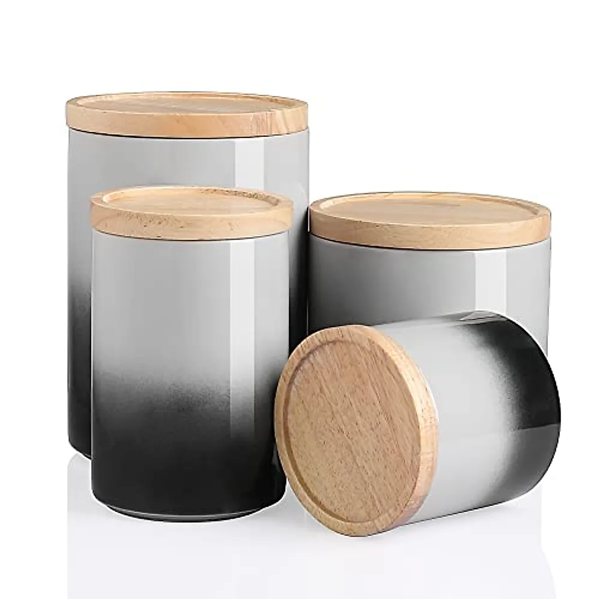 Sweejar Kitchen Canisters Ceramic Food Storage Jar Set, Stackable Containers with Airtight Seal Wooden Lid for Serving Ground Coffee, Tea, Herbs, Grains, Sugar, Salt - Set of 4 (Gradient Gray)