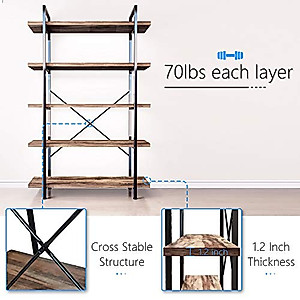 45MinST 5-Tier Vintage Industrial Style Bookcase/Metal and Wood Bookshelf Furniture for Collection,Vintage Brown, 3/4/5 Tier (5-Tier)