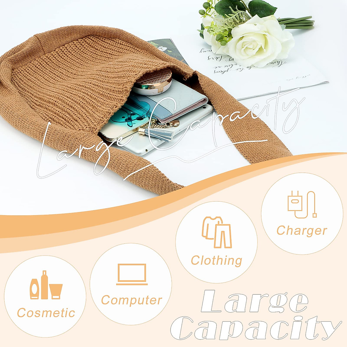 KUANG! Women's Hand Crocheted Tote Shoulder Bags Large Shopping Bag Handbag Plush Knitting Satchel Purses Travel Handbag