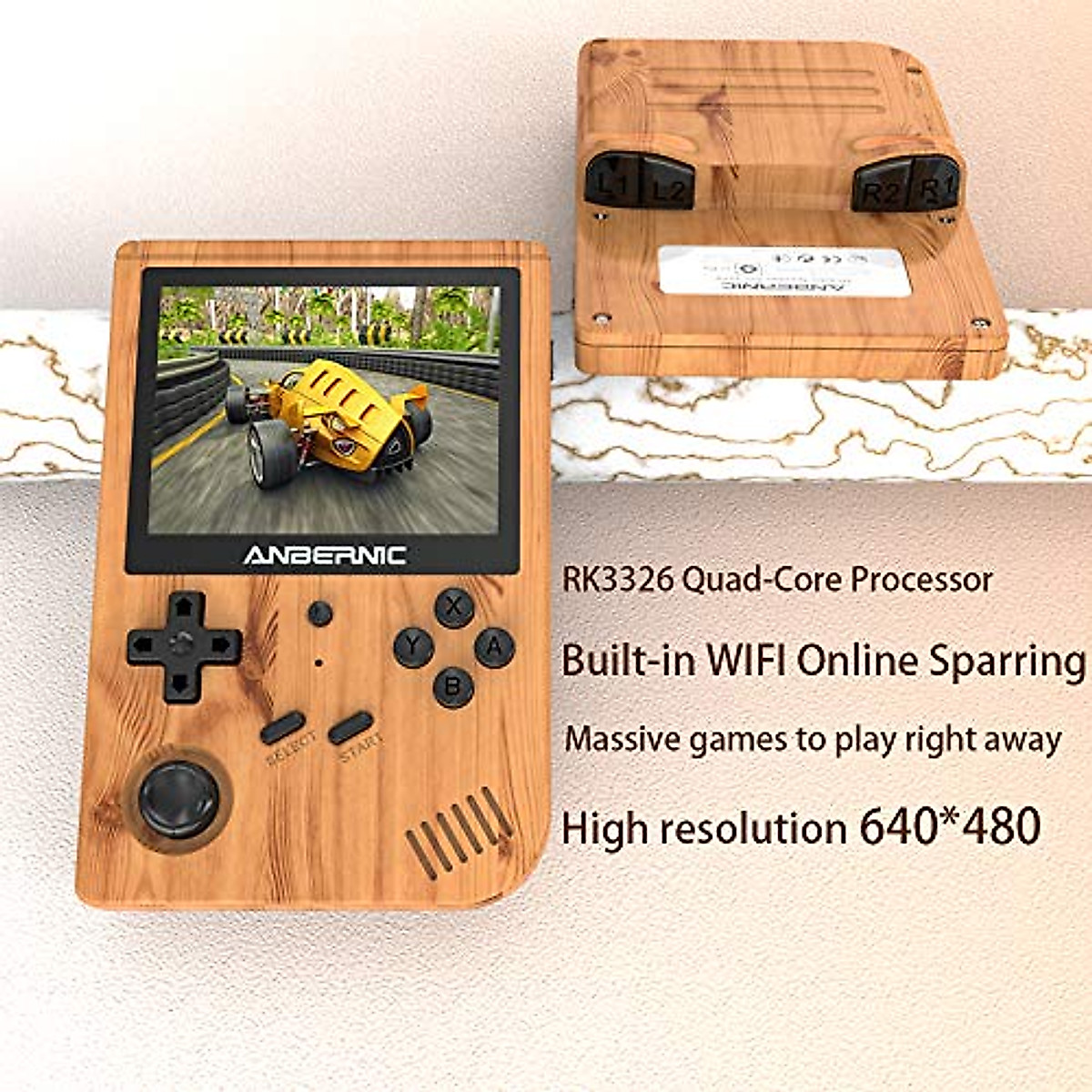 HAIHUANG RG351V Handheld Game Console , Plug & Play Video Games Supports Double TF Extend 256GB , Portable Game Console 3.5 Inch IPS Screen 2521 Games (Wood), LE